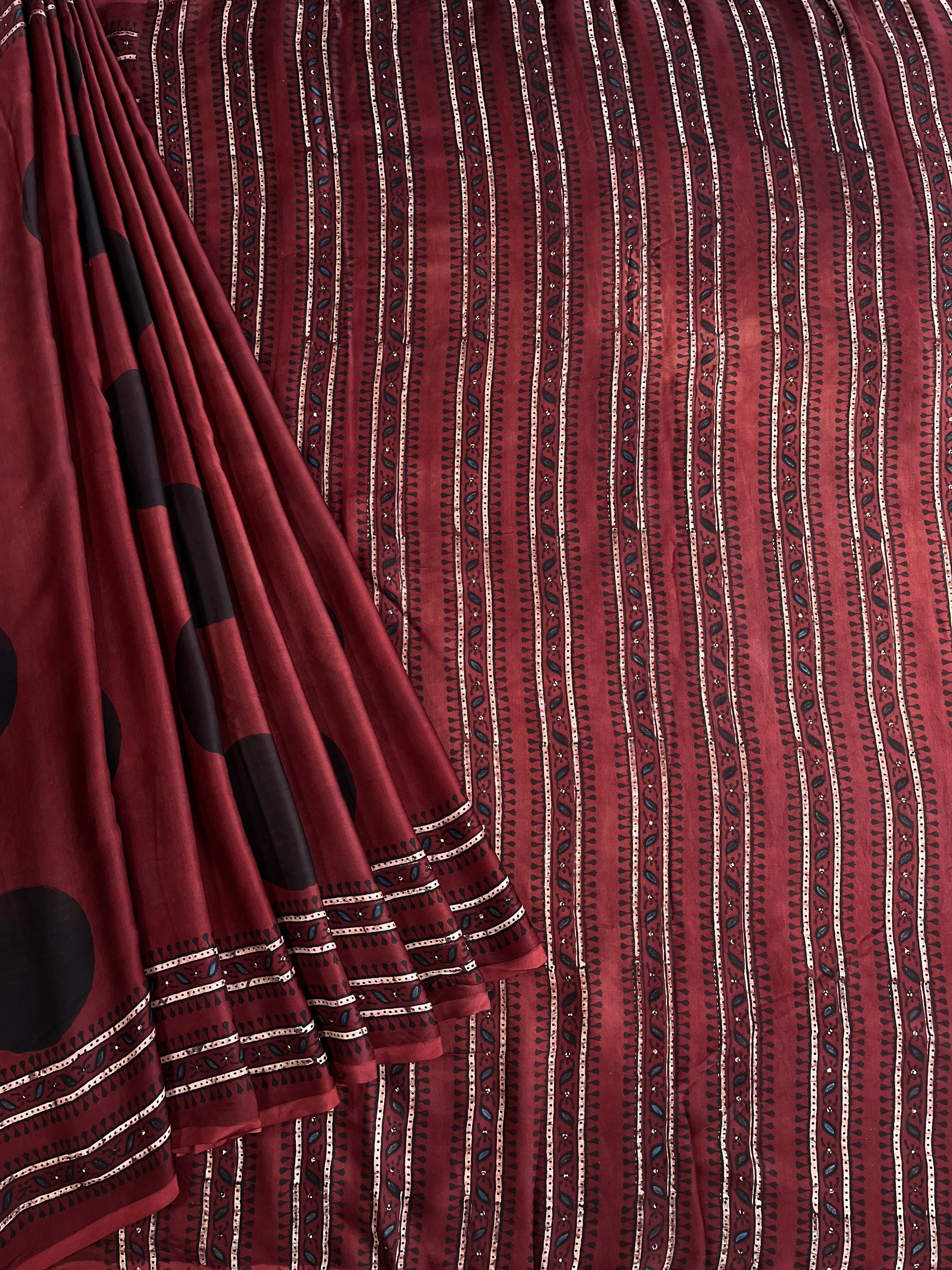 JIYA: HAND BLOCK AJRAKH MODAL SILK SAREE – MYPOSHAAKH