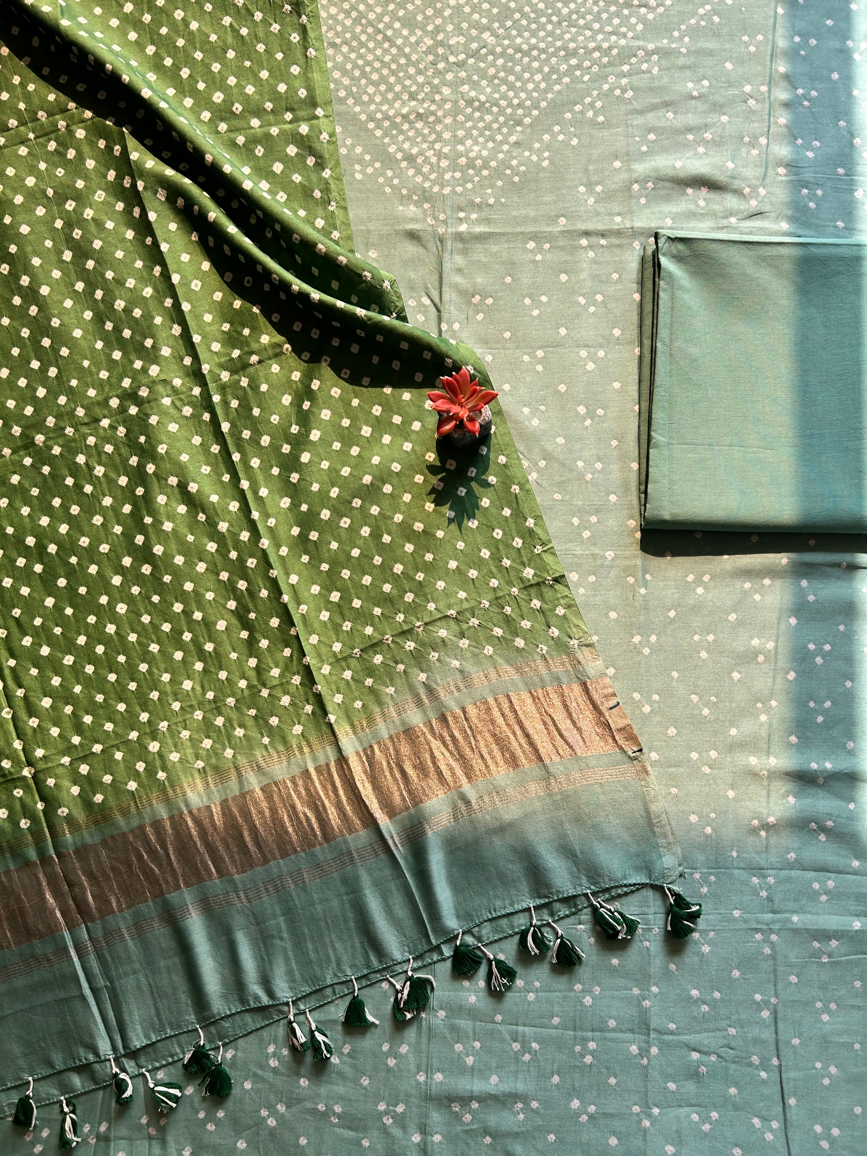 AVOCADO SUNDAE :Handmade Designer Bandhnai Chanderi Silk- Cott 3 Piece ...