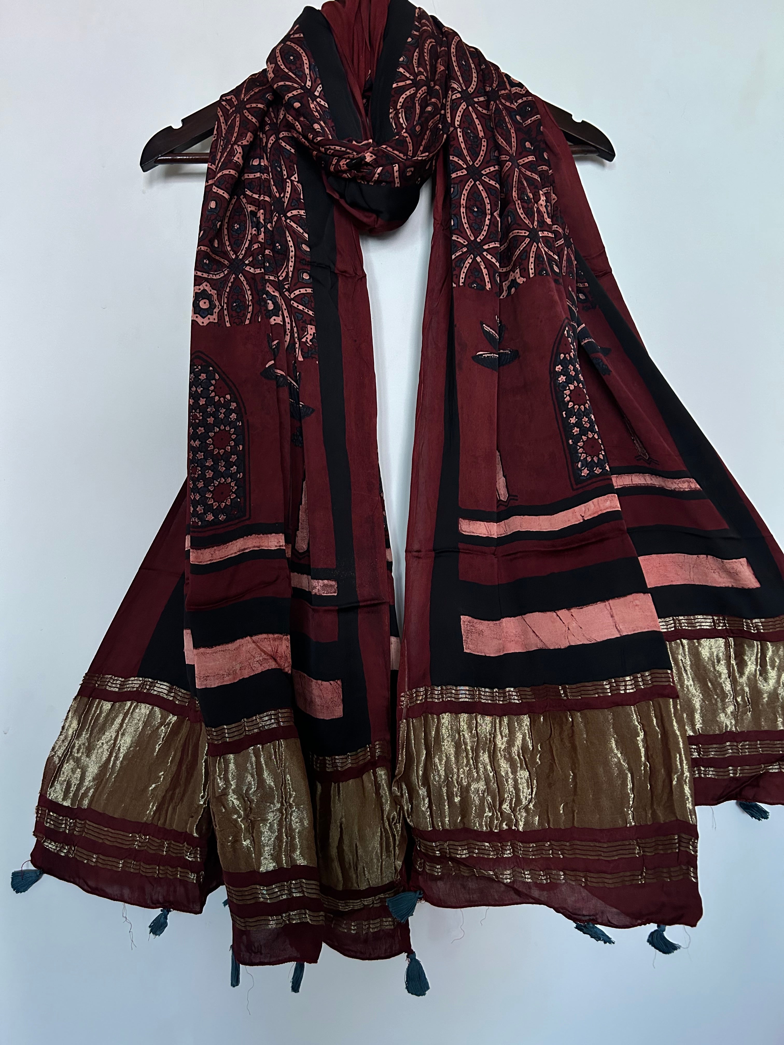 NEELI ROSHNI: Tissue Modal Silk Ajrakh Dupatta – MYPOSHAAKH